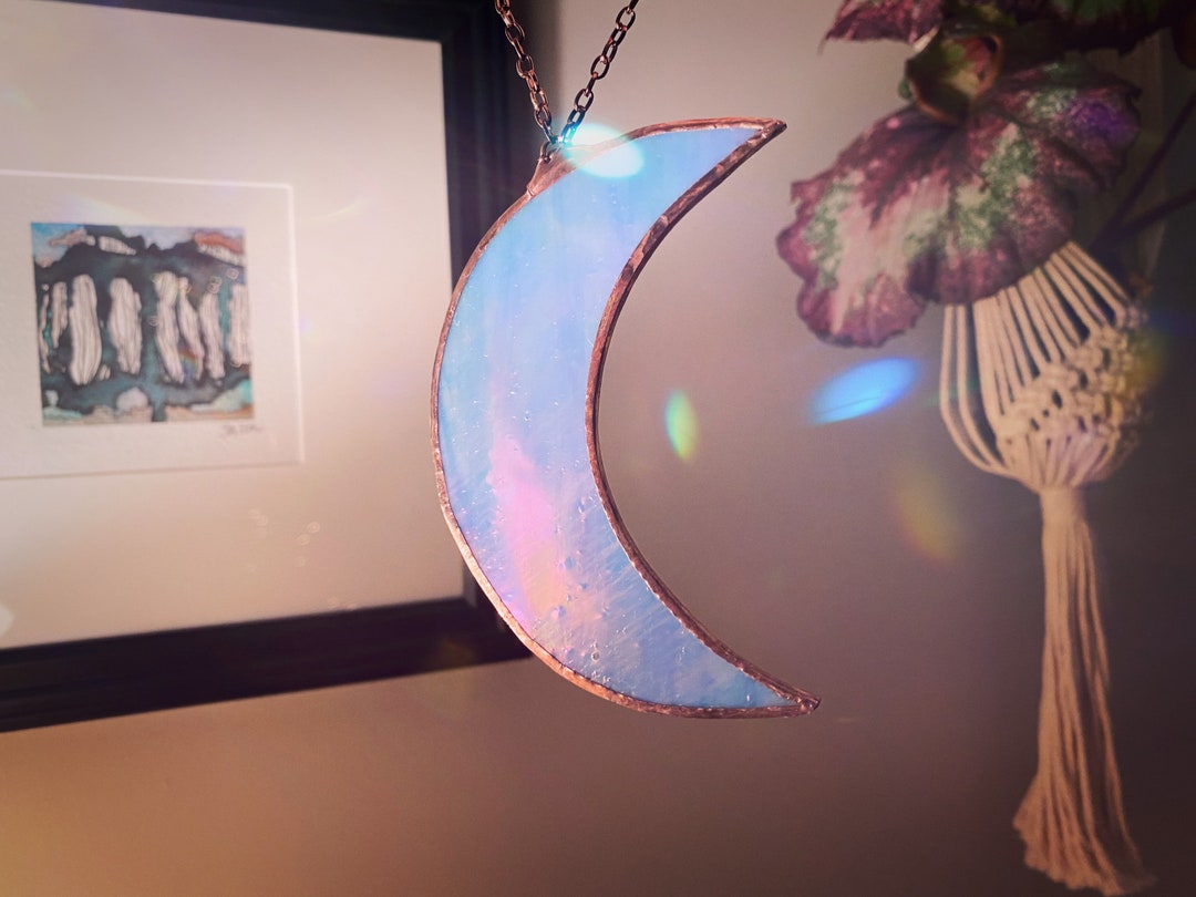 Stained Glass Crescent Moon Ornament: Iridescent Copper Edged ...