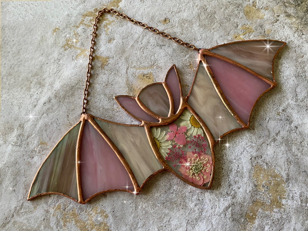 Large Stained Glass Bat Sun Catcher Ornament, With Real Pressed Flowers ...