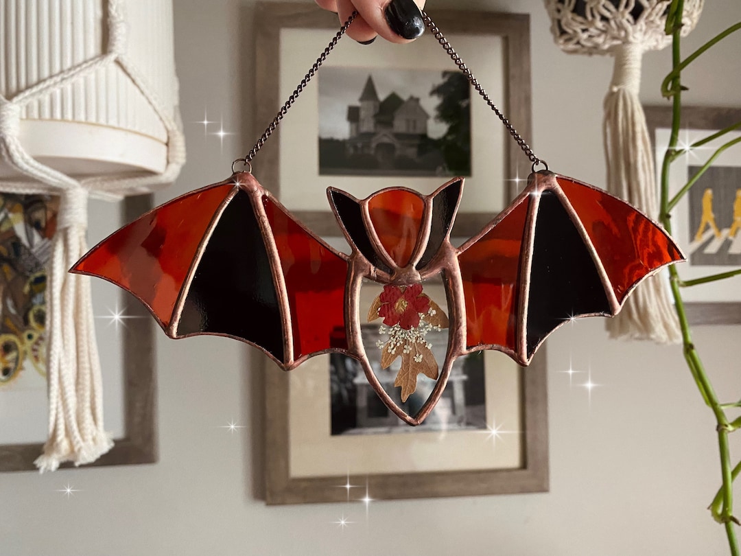 Medium Stained Glass Bat Sun Catcher Ornament, With Real Pressed ...