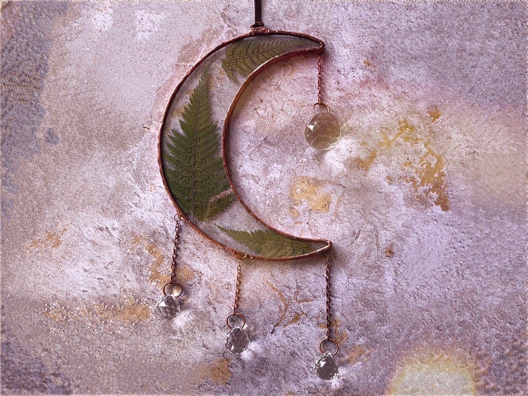 Pressed Fern Stained Glass Crescent Moon Suncatcher With Rainbow ...