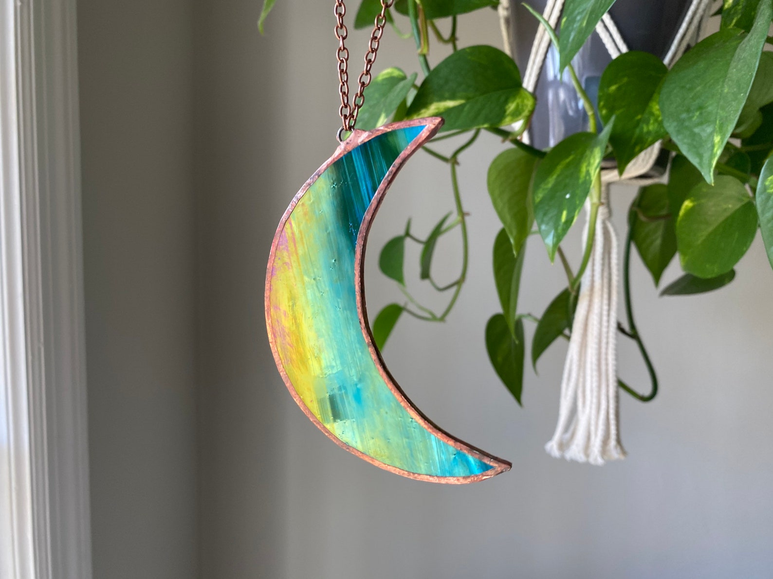 Stained Glass Crescent Moon Ornament: Iridescent Green Glass, Choice of ...