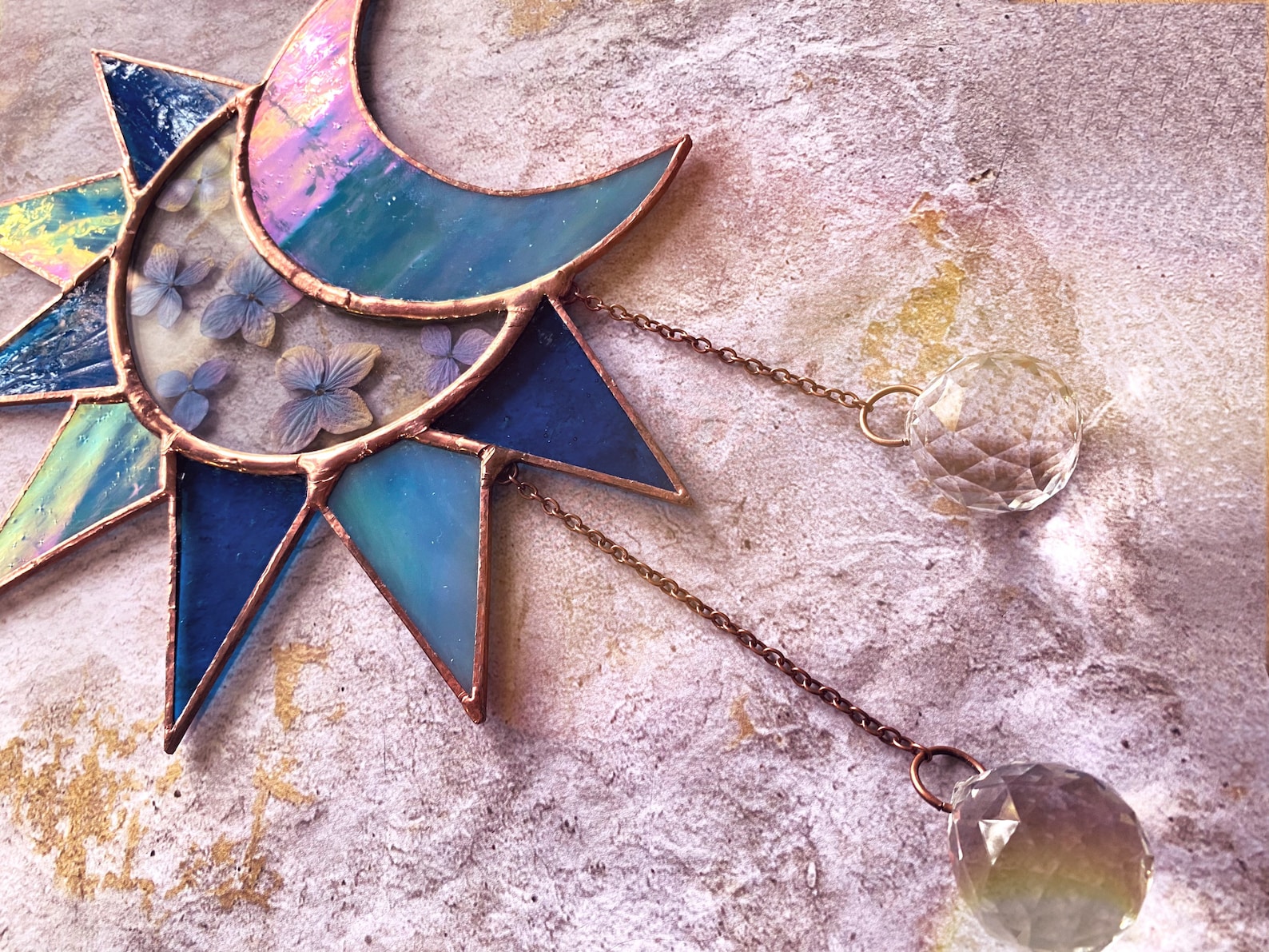 Crescent Moon and Sun Stained Glass Sun Catcher With Rainbow - Etsy