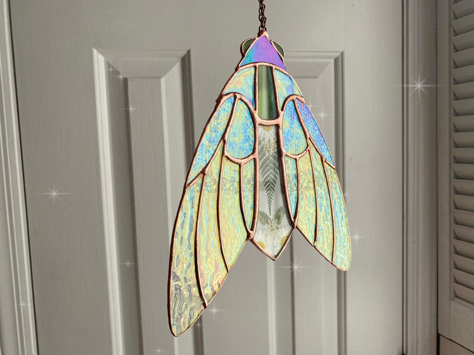 Stained Glass Cicada Suncatcher: Iridescent Wings, Pressed Flowers - Etsy