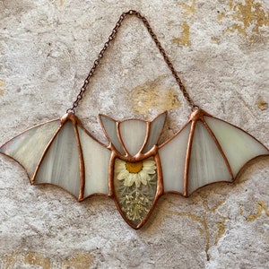 Medium Stained Glass Bat Sun Catcher Ornament, With Real Pressed ...