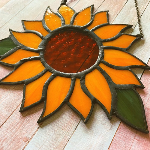 Sunflower Suncatcher Stained Glass And Wood Window Ornament Etsy