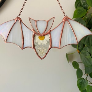 Medium Stained Glass Bat Sun Catcher Ornament, With Real Pressed ...
