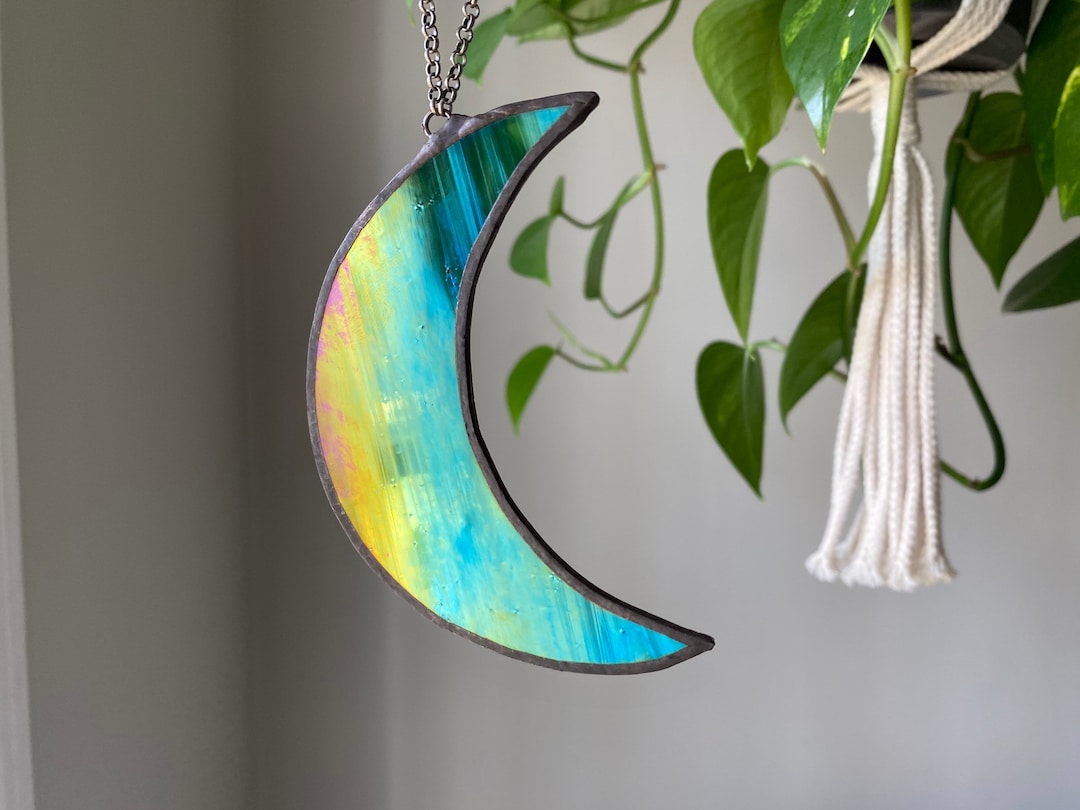 Stained Glass Crescent Moon Ornament: Iridescent Green Glass, Choice of ...