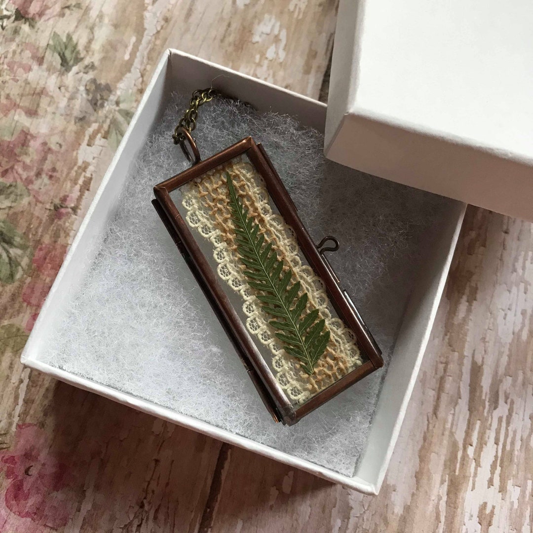 Pressed Fern Locket Necklace: Burlap Lace, Antique Bronze Chain - Etsy