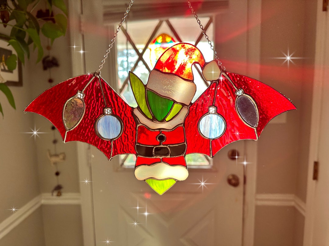 Stained Glass Santa Bat Suncatcher: Iridescent Christmas Decor - Etsy
