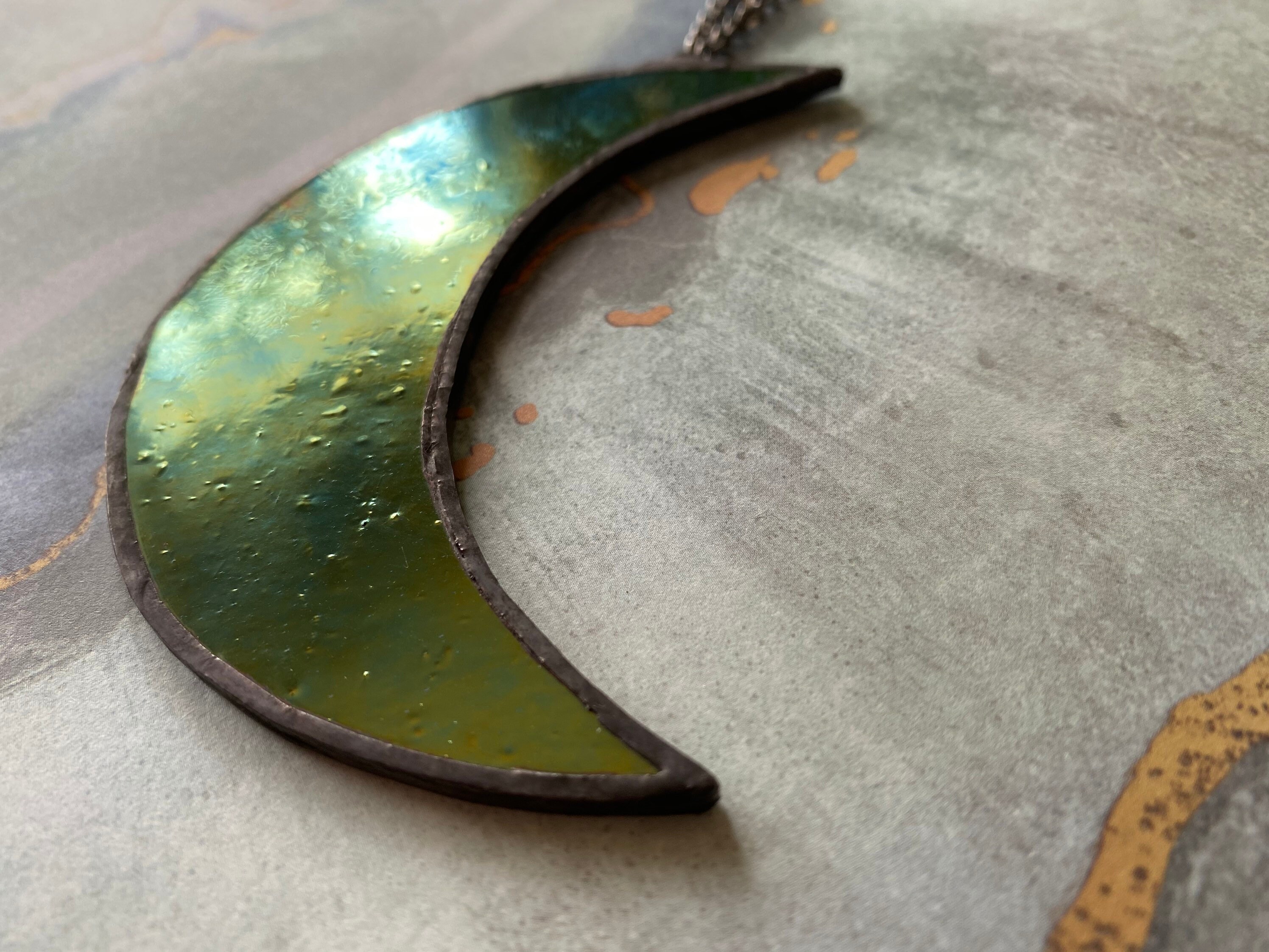 Stained Glass Crescent Moon Ornament: Iridescent Green on Black - Etsy