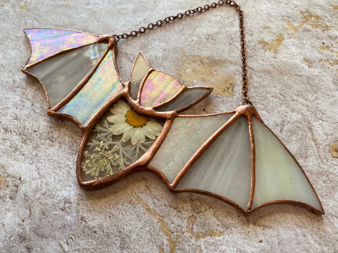 Medium Stained Glass Bat Sun Catcher Ornament, With Real Pressed ...