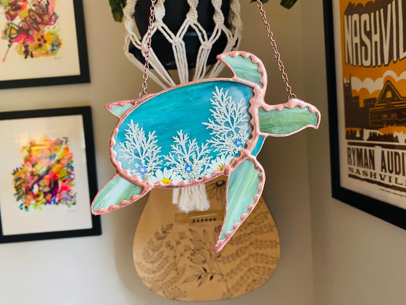 Stained Glass Turtle Suncatcher: Pressed Flower Sea Turtle Ornament - Etsy