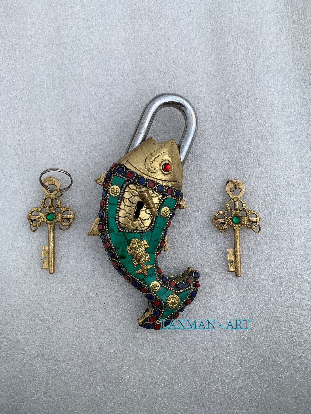 Brass Lock Fish Design, Fish Shaped Lock Stone Work, Handmade Antique ...