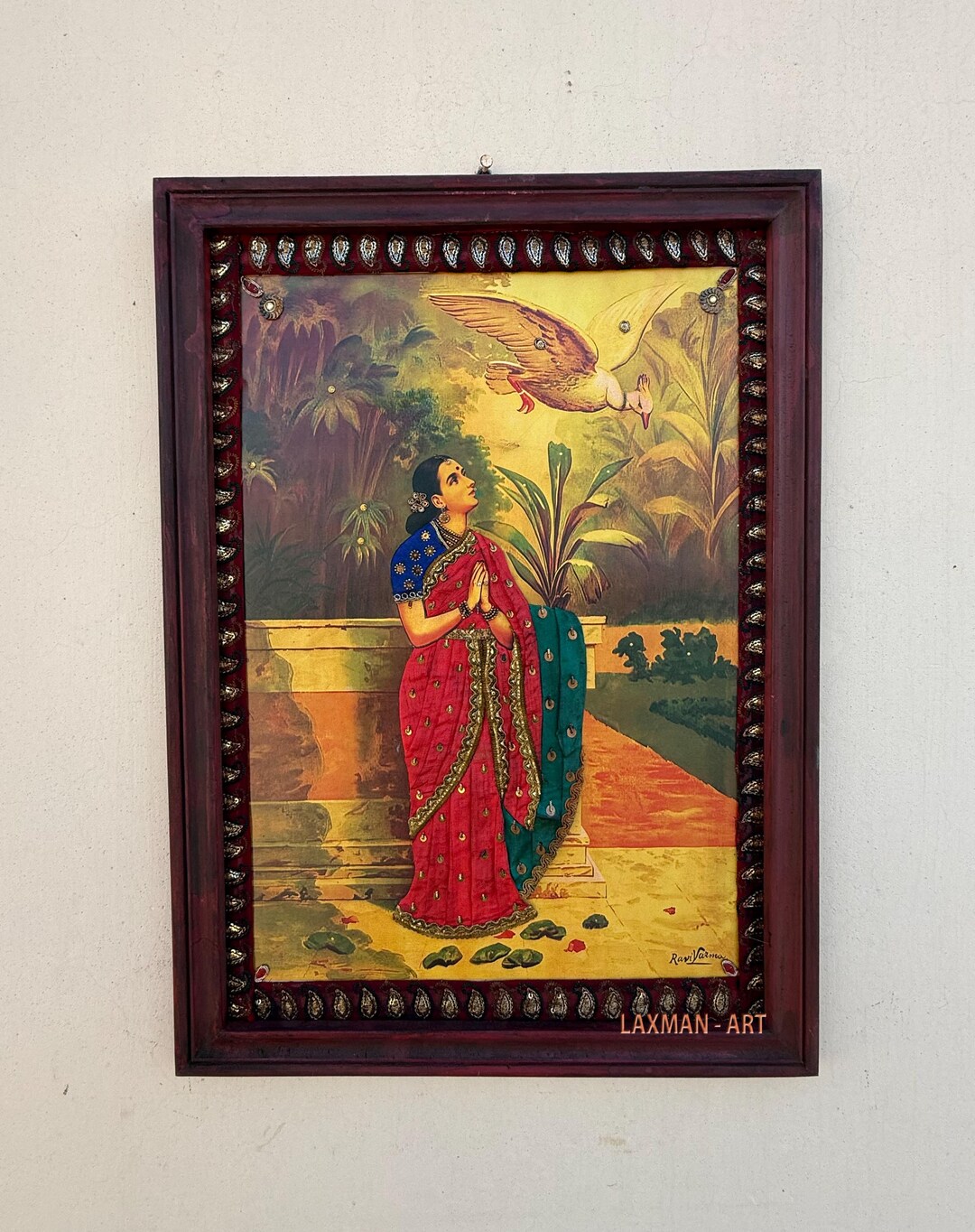 India Art Frame, Wall Decor Hamsa Damayanthi Cloth Art Work Jari Work ...