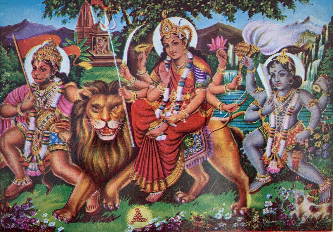 Godess Durga Mata With Hanuman Ji Bheru Ji and Sherawali | Etsy