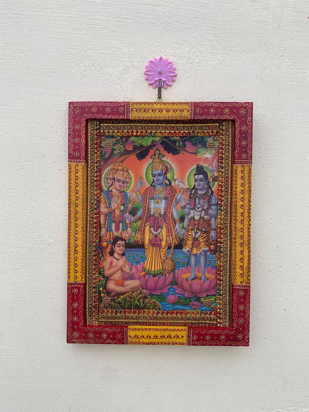 Vintage India Hindu Religious Photo Frame, Shiva Brahma With Vishnu ...