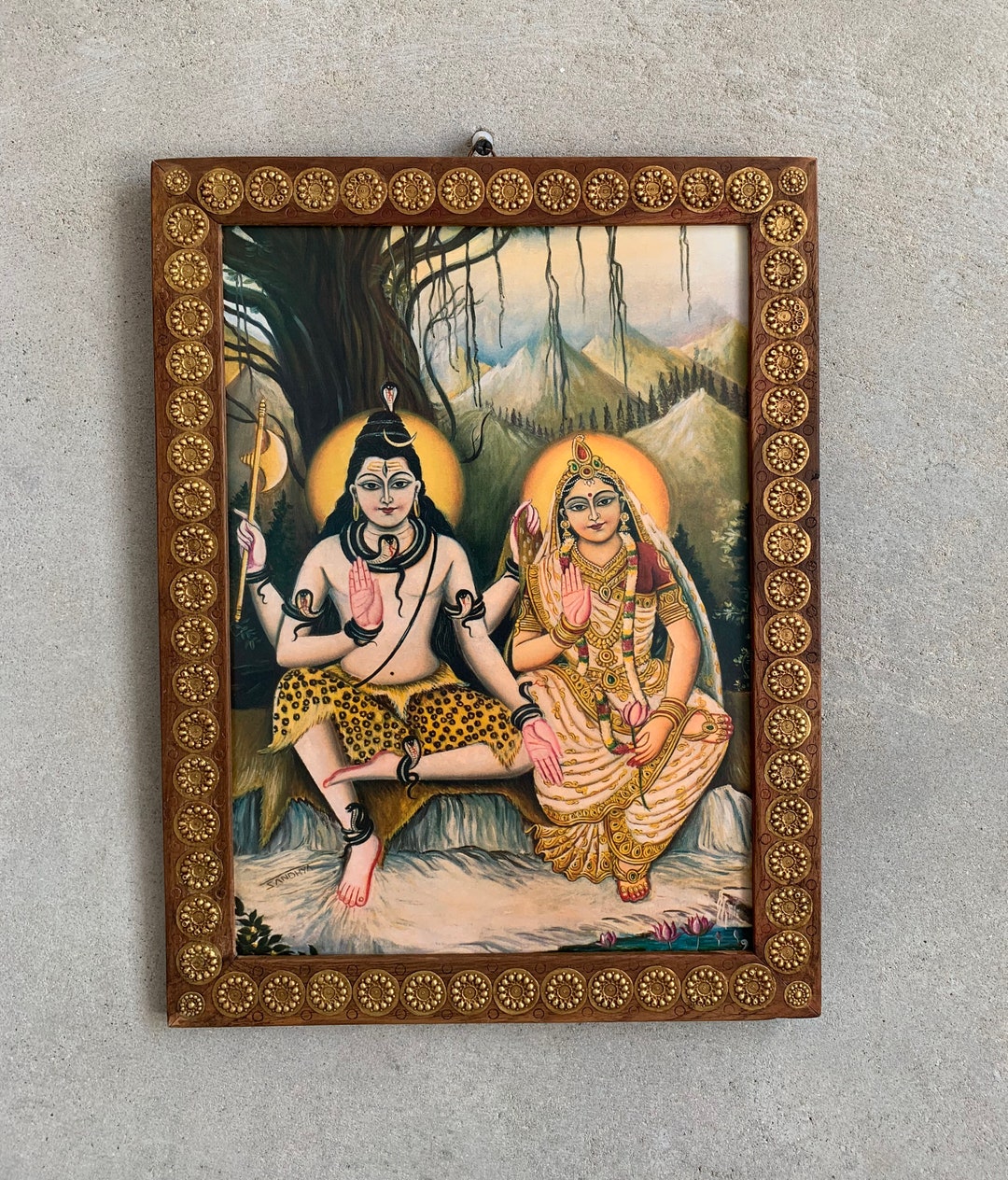 Vintage Frame God Shiva Parvati Photo, Indian God Deities Wooden ...