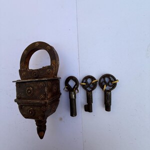 Antique Lock Rare Brass Work Iron Square Tricky Puzzle Lock With 3 Key ...