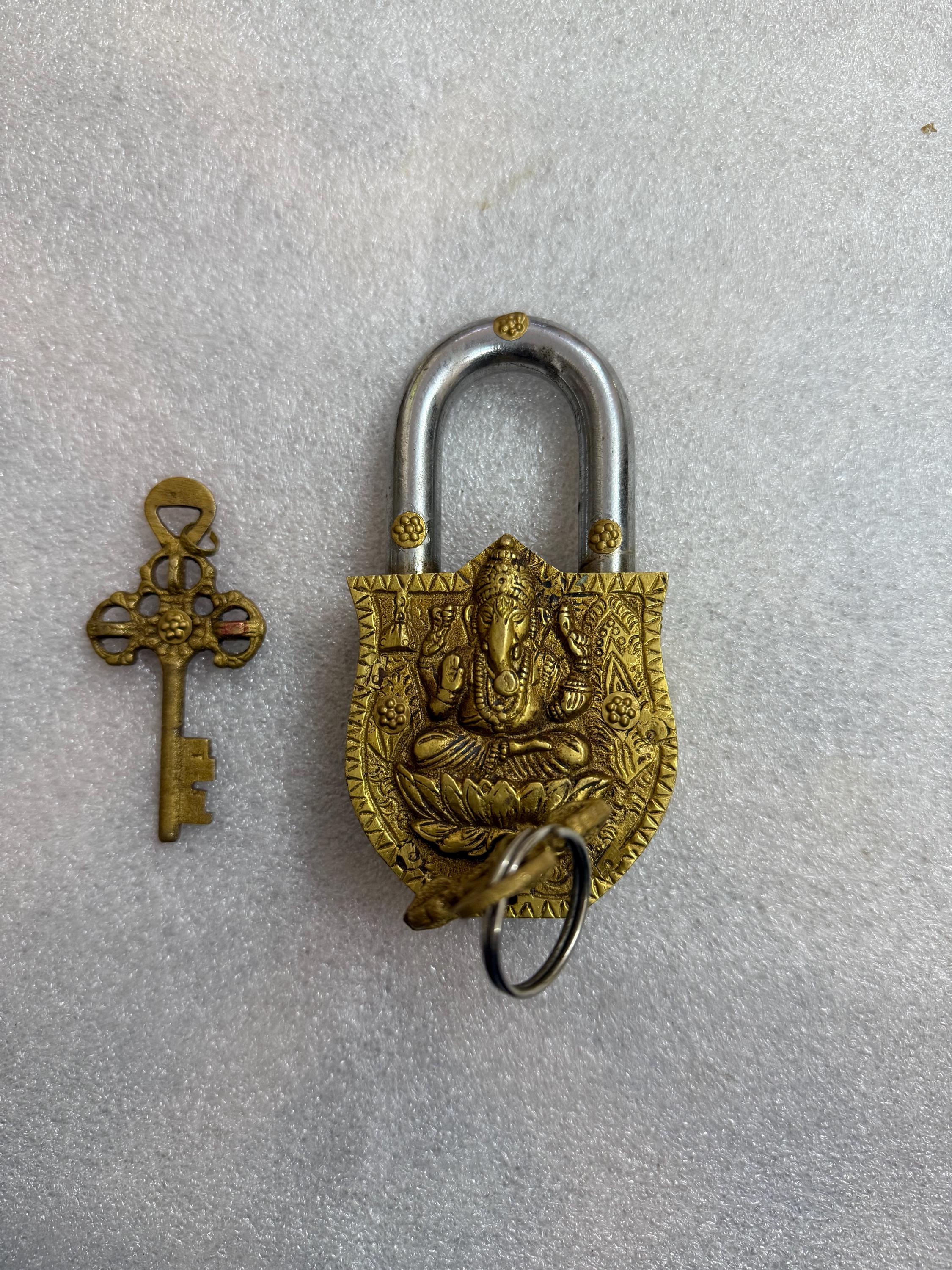 Brass Lord Ganesha Design Padlock With Keys, Handcrafted Functional ...