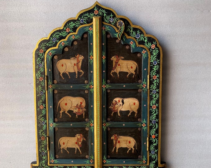 Wooden Window Vintage, Handpainted Cow Design Window Wall Panel, Indian ...