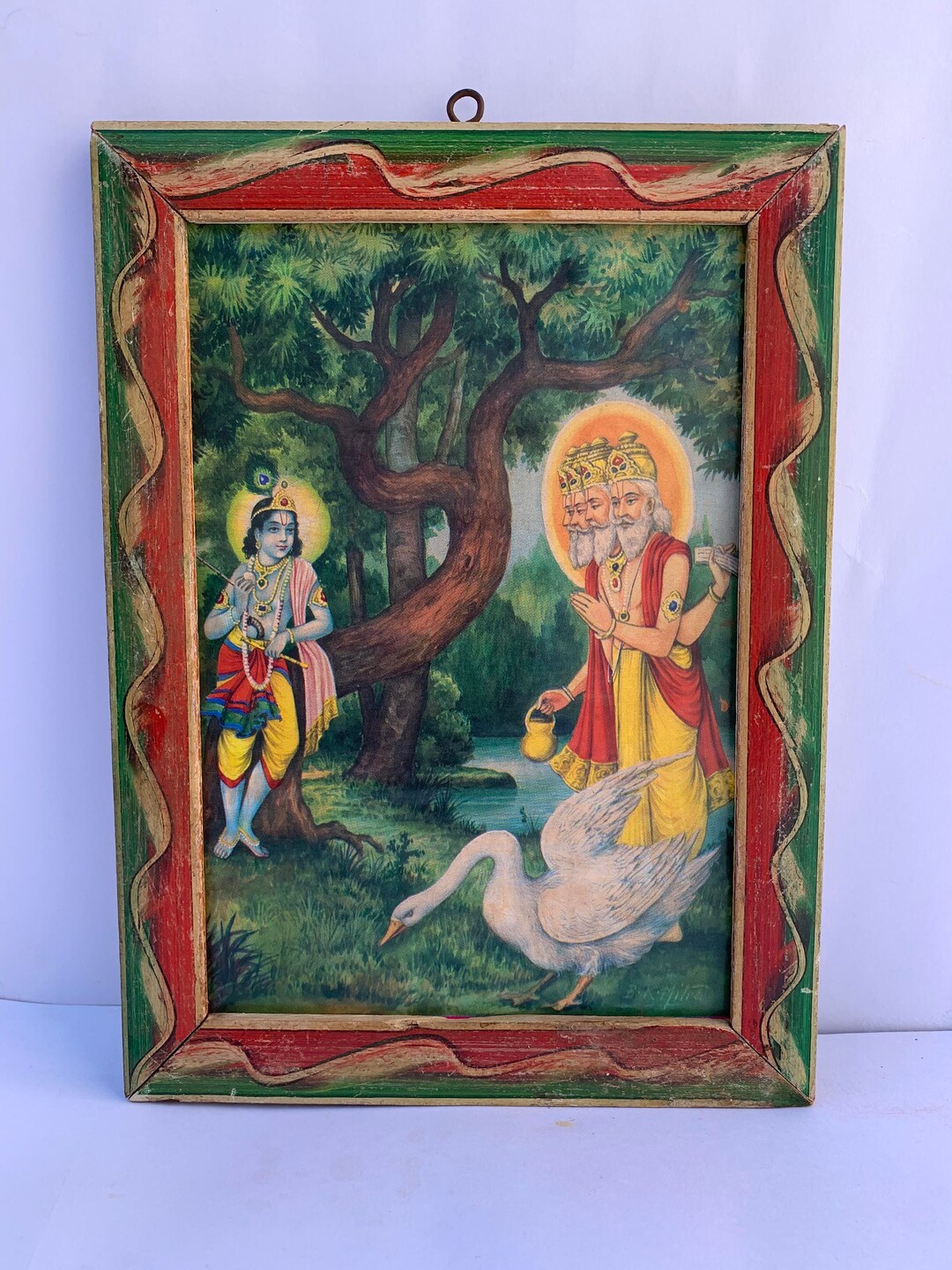 Krishna and Brahma God Photo Frame, Vintage Indian Deities, Gods Wooden ...