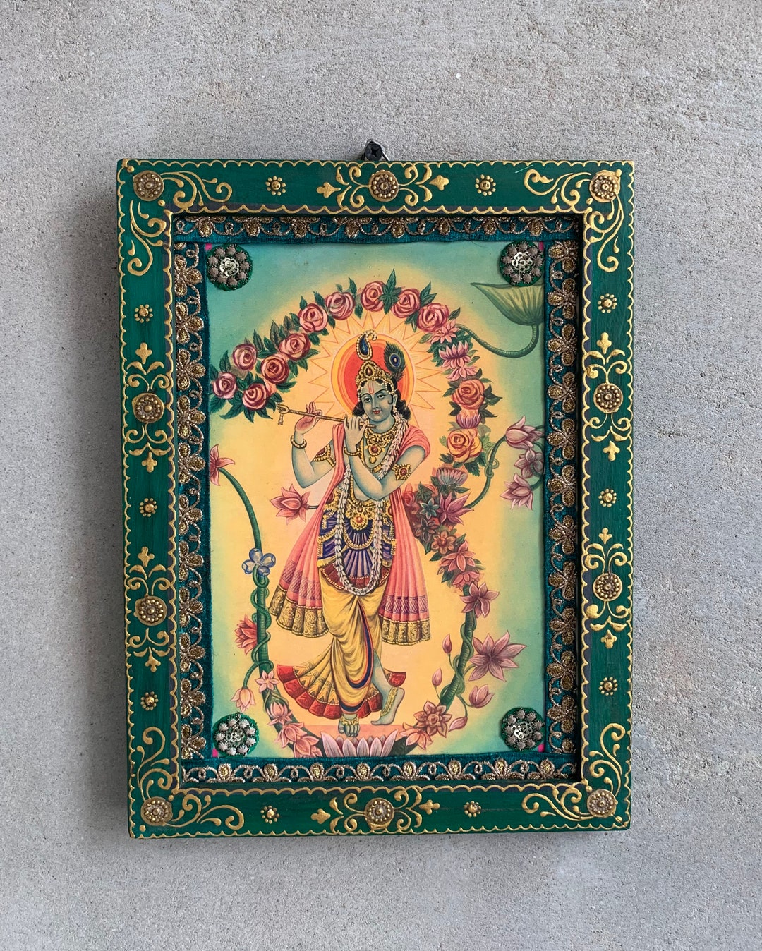 Krishna Photo With Painted Handmade Frame, Krishna Vintage Photo ...
