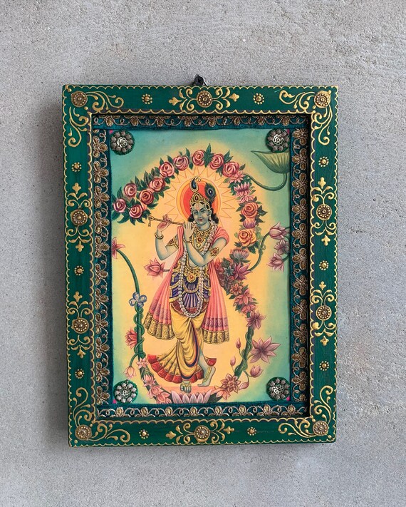 Krishna Photo With Painted Handmade Frame Krishna Vintage - Etsy