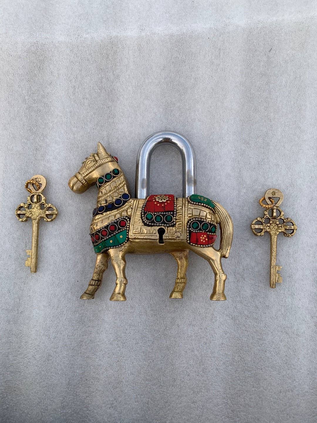 Vintage Brass Horse Lock With Keys: Indian Stone Work Padlock - Etsy UK