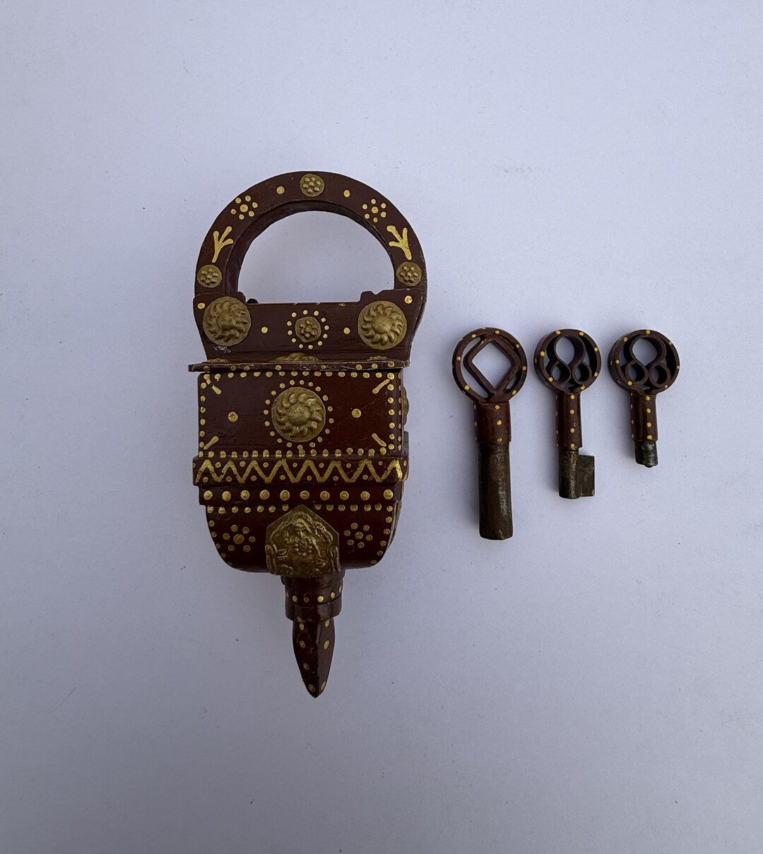 Vintage Iron Tricky Puzzle Padlock With 3 Keys: Handmade Painted Door ...