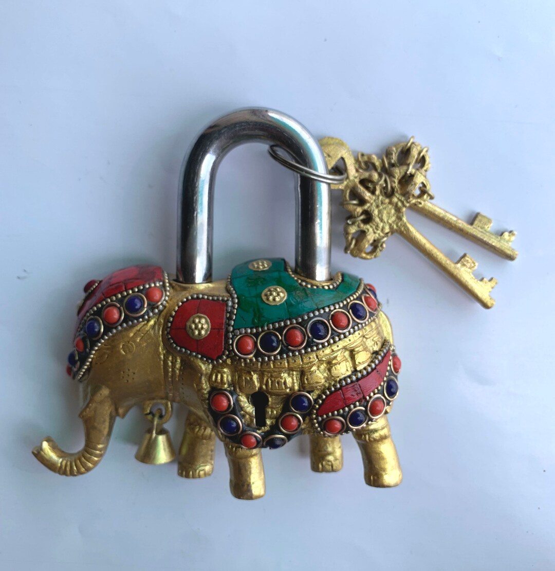 Vintage Brass Elephant Lock: Indian Stone Work Padlock With Keys - Etsy