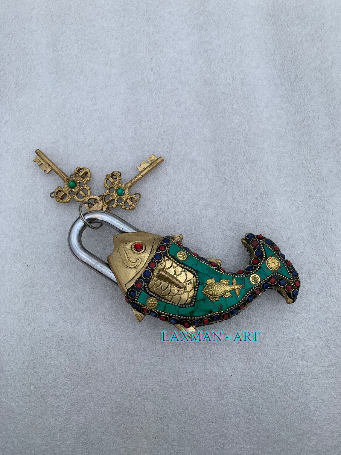Brass Fish Lock: Handmade Antique Design With Stone Work & 2 Keys - Etsy