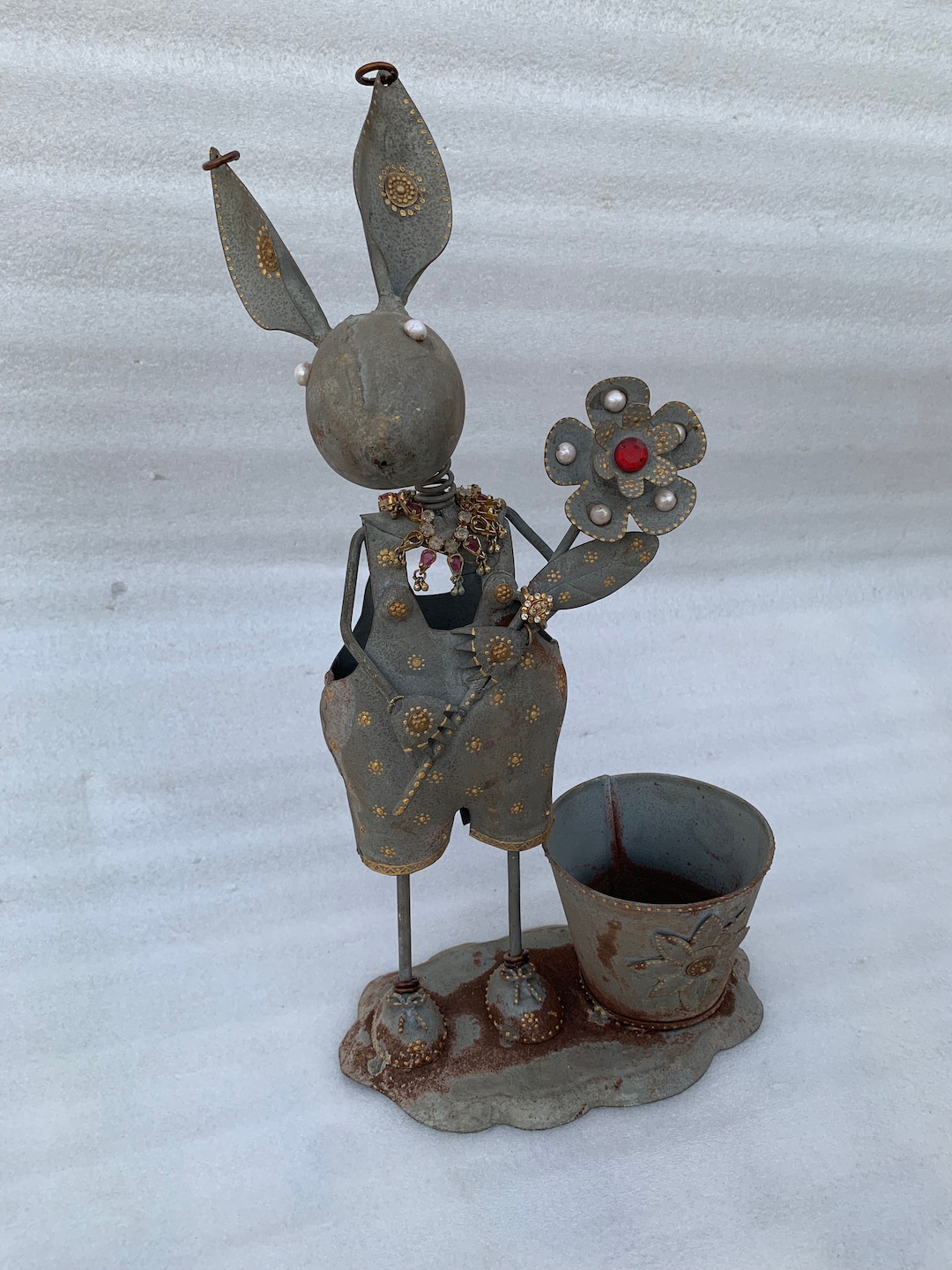 Metal Rabbit Statue Pen Holder Figurine, Vintage Old Hand Painted ...