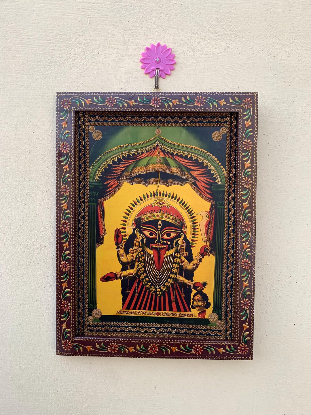 Vintage Maa Kali Print in Hand-painted Frame: Hindu Goddess Wall Decor ...