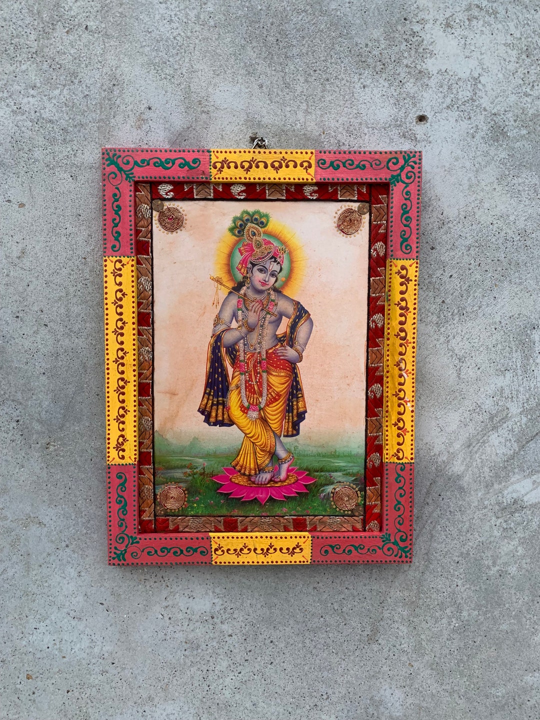 Vintage Krishna Photo With Painted Handmade Frame, Krishna Photo ...
