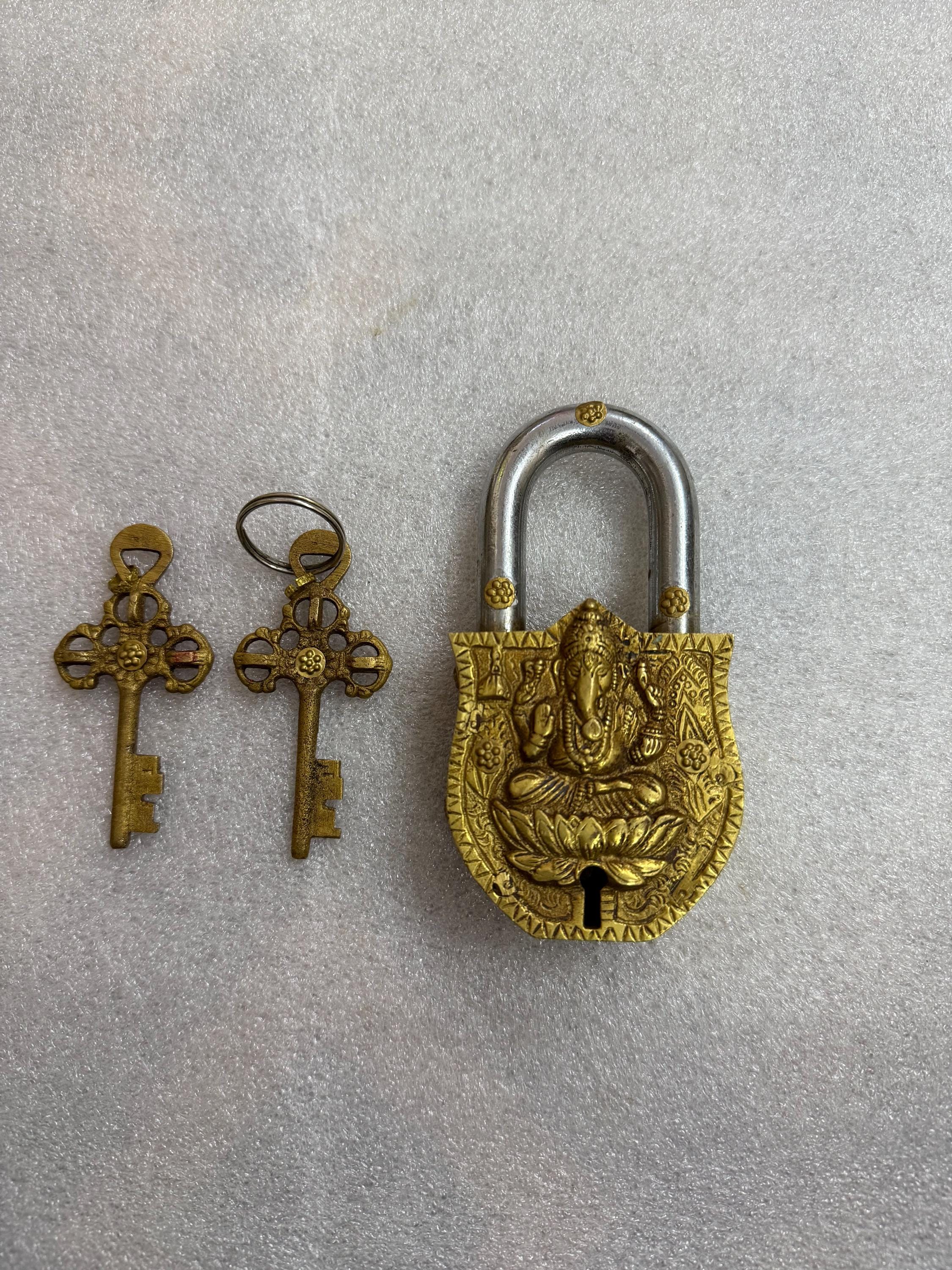 Brass Lord Ganesha Design Padlock With Keys, Handcrafted Functional ...