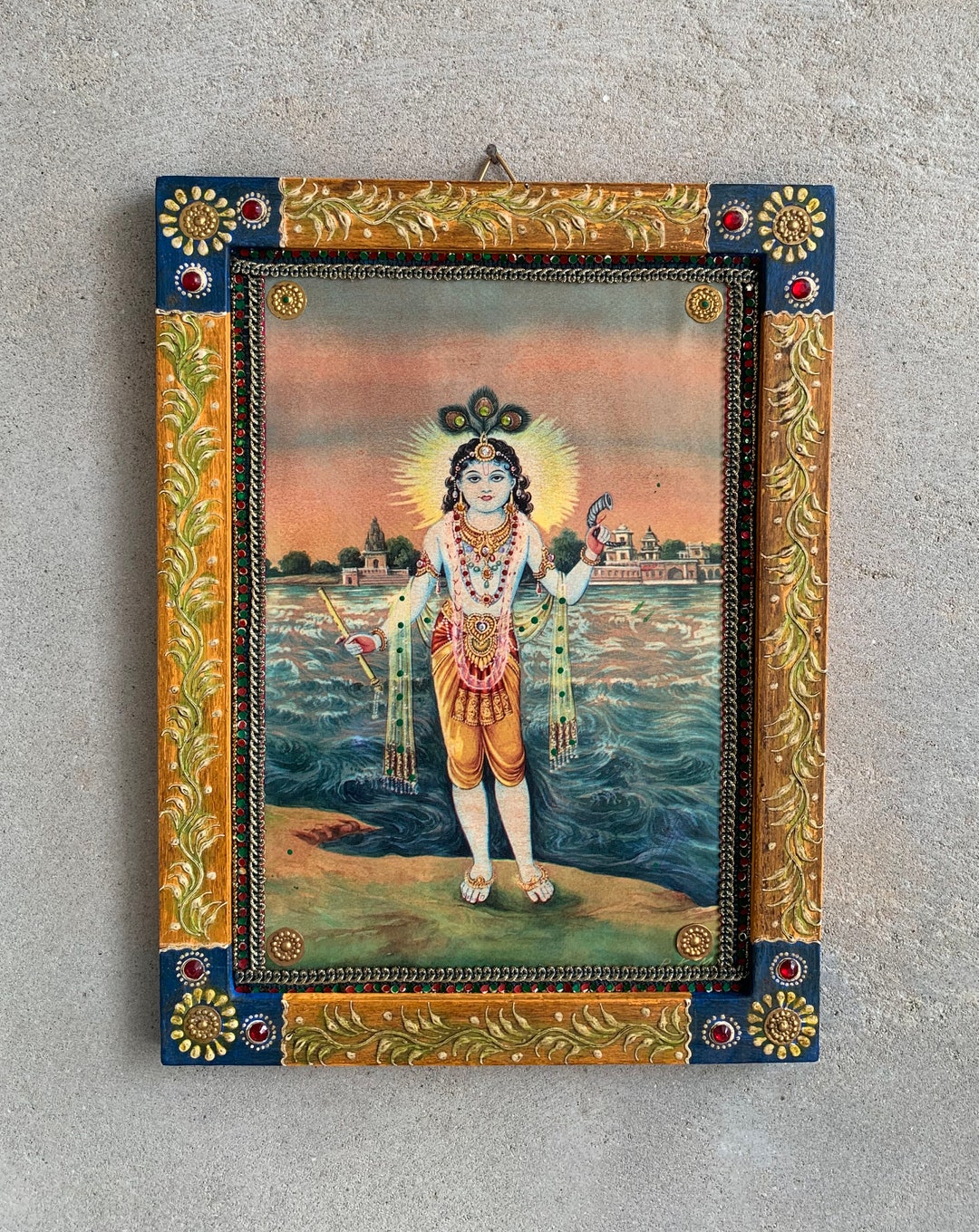 Vintage Krishna Photo With Painted Handmade Frame, Krishna Vintage ...