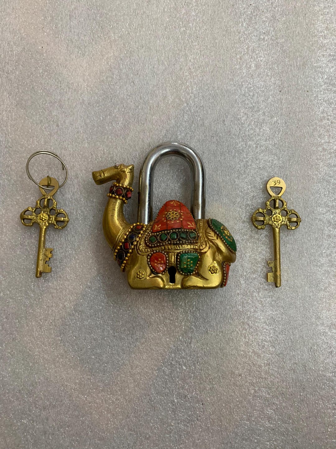 Brass Lock, Camel Shaped Lock and Key With Stone Work, Vintage Indian ...