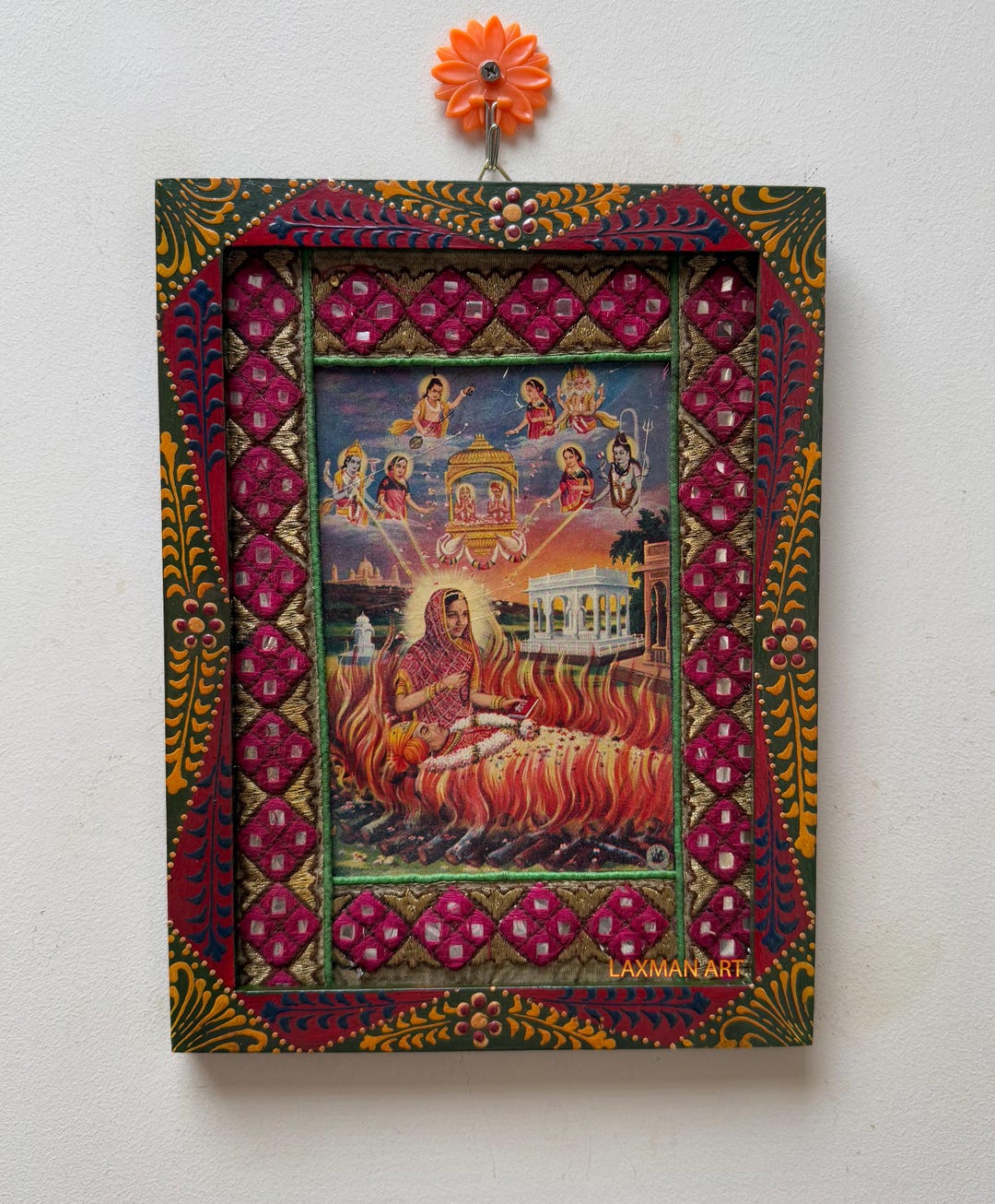 Antique Old Hindu Poster Sri Rani Sati Ma Print Wooden Hand Painted ...