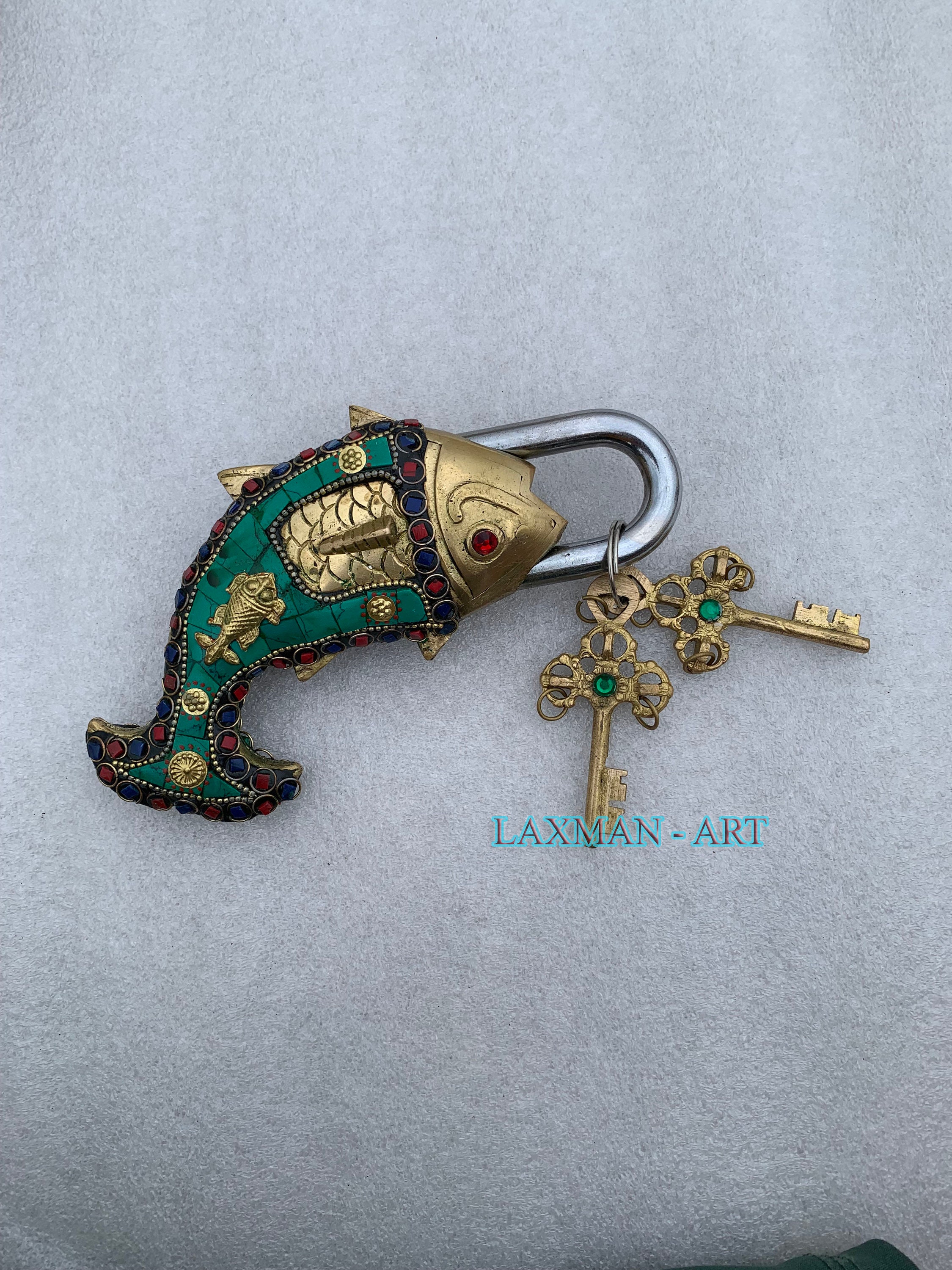 Brass Fish Lock: Handmade Antique Design With Stone Work & 2 Keys - Etsy