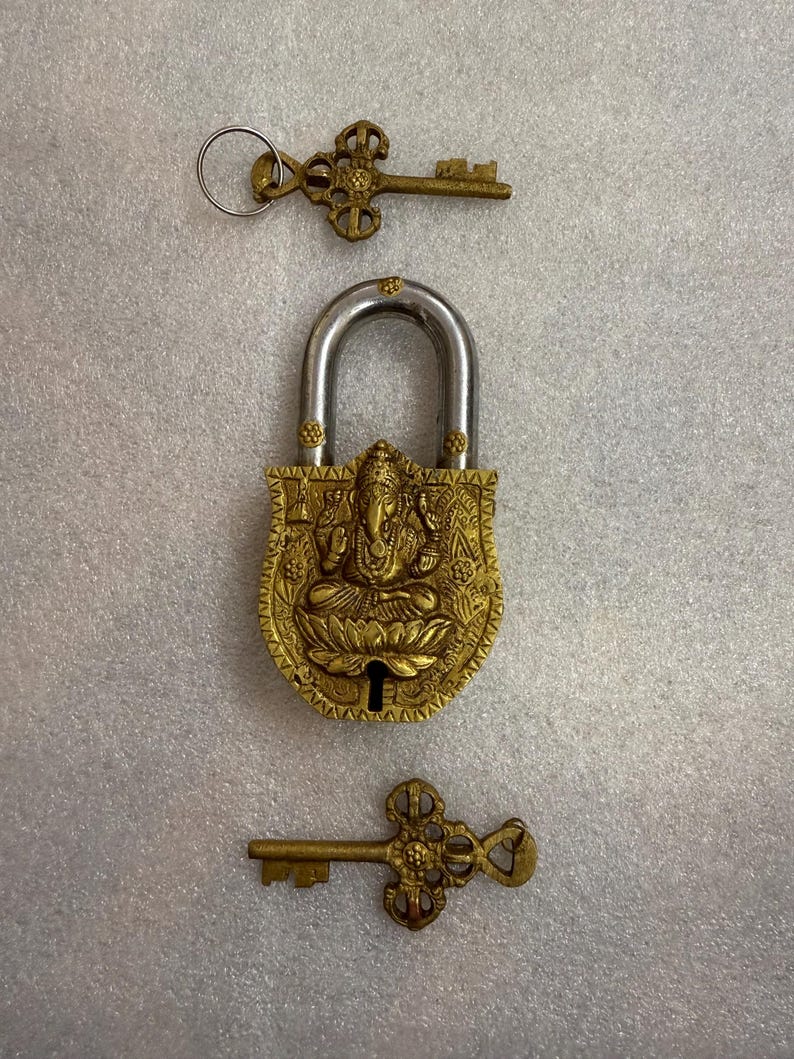 Brass Lord Ganesha Design Padlock With Keys, Handcrafted Functional ...