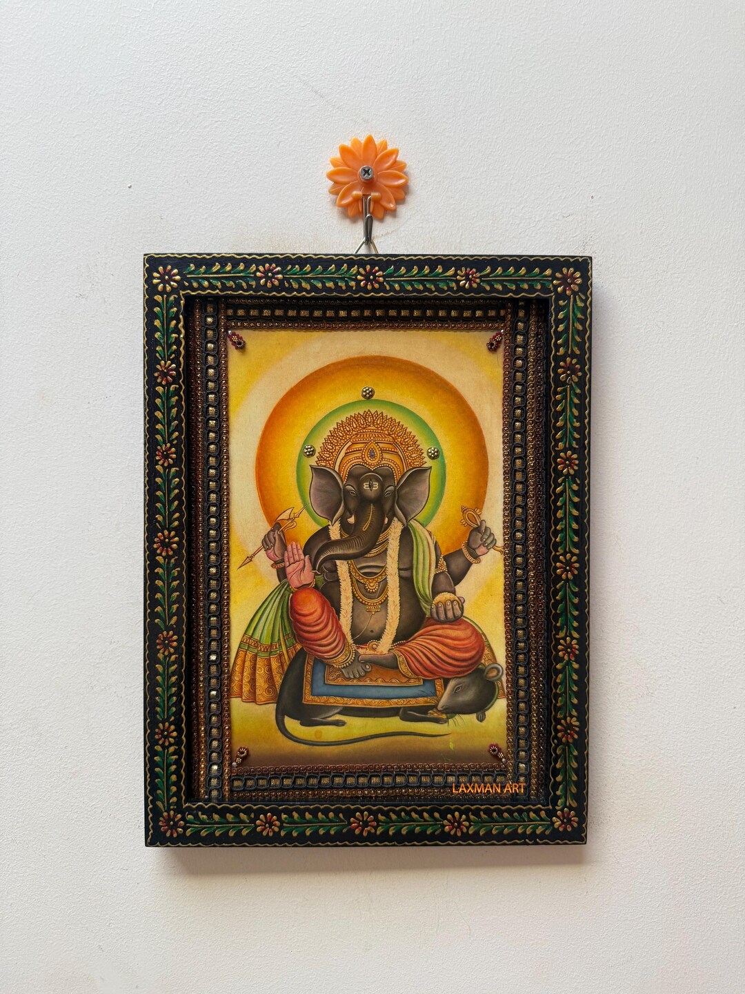 Vintage Ganesha Picture in Hand-painted Frame: Indian God Wooden Wall ...