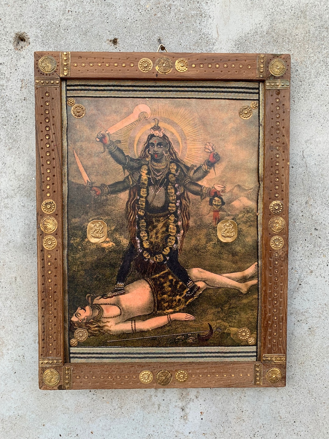 Old Kali Mata Photo, Maha Kali with Shiva Picture, Wooden Painted frame ...
