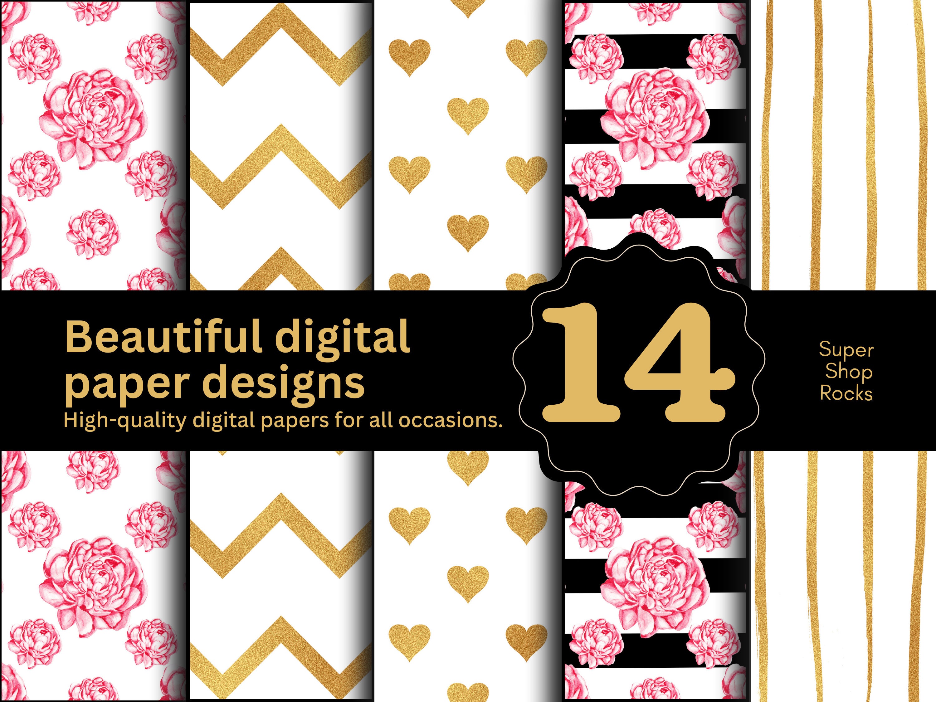 Gold Black Floral Digital Papers, High-quality Digital Paper Designs ...