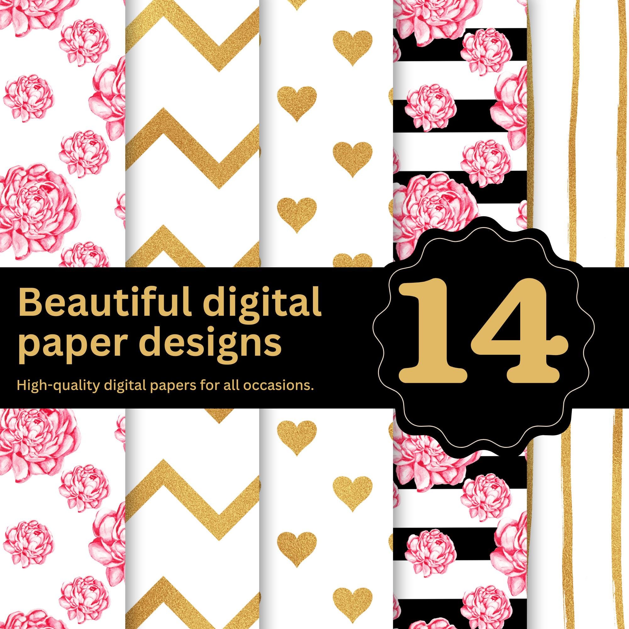 Gold Black Floral Digital Papers, High-quality Digital Paper Designs ...