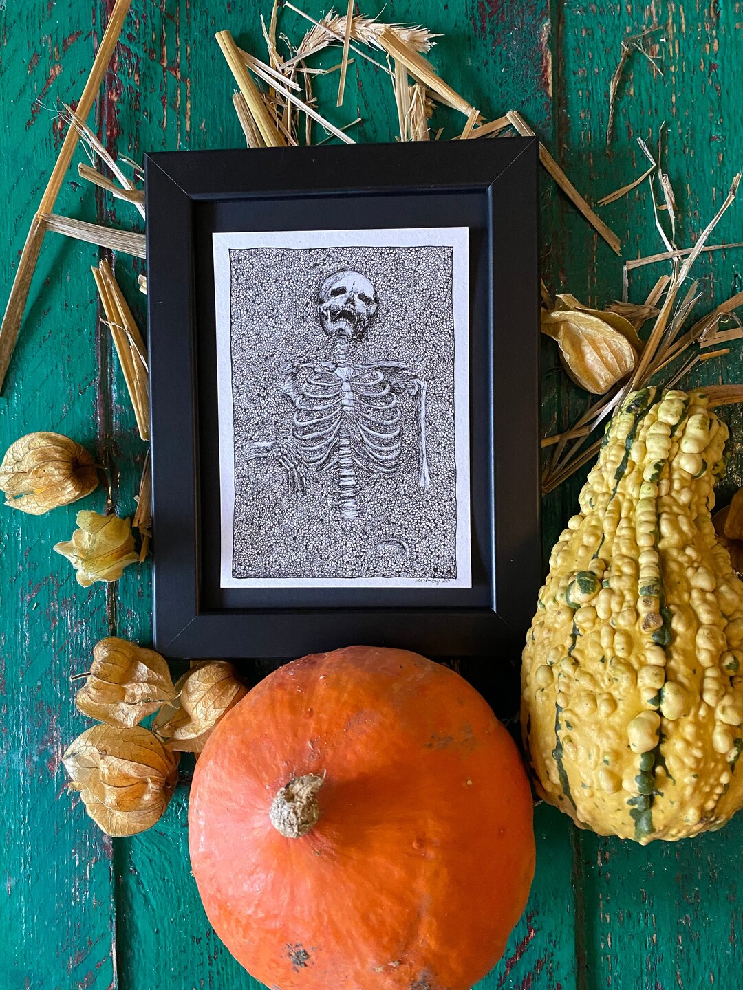 Original Ink Drawing Sleep Skull, Skull, Flowers, Leaves Mini-picture ...