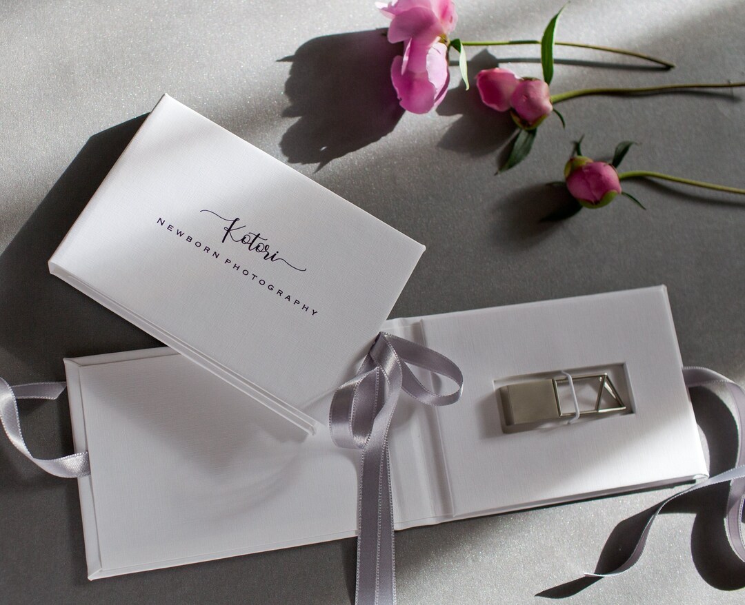 Personalized White Paper USB Box With Gray Ribbon - Etsy