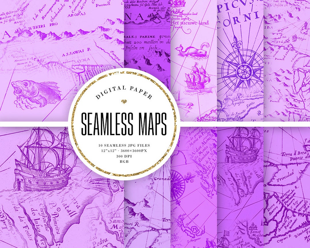 Purple Vintage Maps Seamless Digital Paper, Violet Nautical Tileable ...