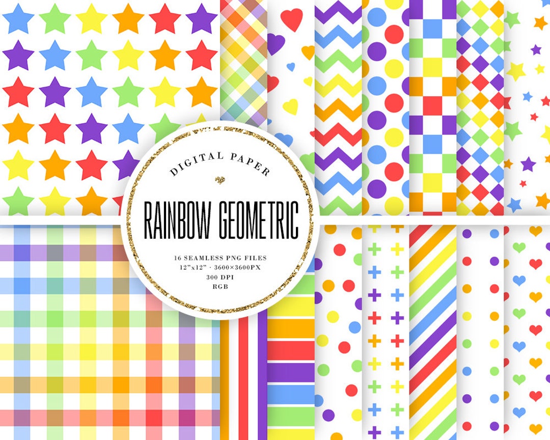 Rainbow Geometric Seamless Patterns, Colorful Digital Paper on White ...