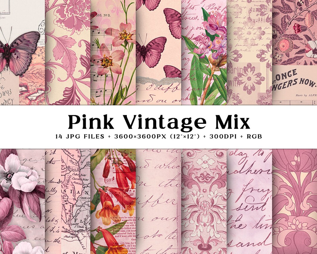 Vintage Digital Paper 12x12, Pink Scrapbook Paper, Old Ephemera ...