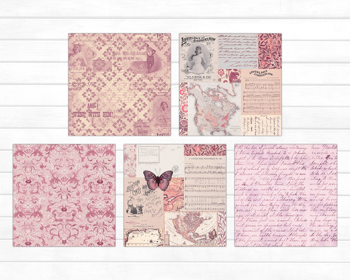 Vintage Digital Paper 12x12, Pink Scrapbook Paper, Old Ephemera ...